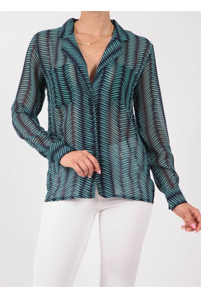 Coral Çift Cepli Desenli Tül Gömlek Petrol Yeşili