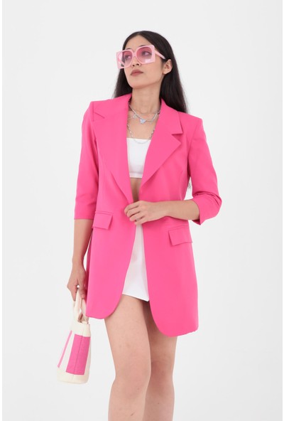 Coral Tek Düğme Uzun Blazer Ceket Fuşya Coral Tek Düğme Uzun Blazer Ceket Fuşya
