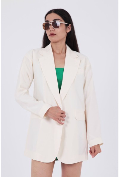 Coral Tek Düğmeli Salaş Uzun Ceket Kemik