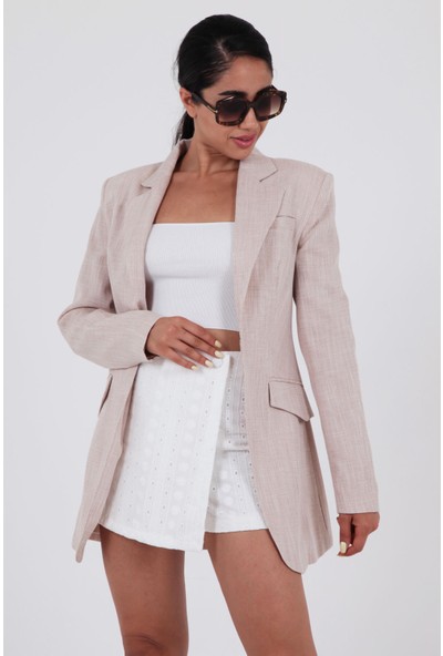 Coral Tek Kancalı Gizli Cepli Uzun Ceket Badem