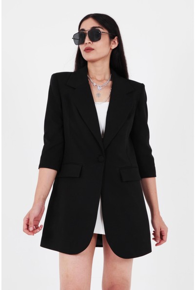 Coral Tek Düğme Uzun Blazer Ceket Siyah Coral Tek Düğme Uzun Blazer Ceket Siyah