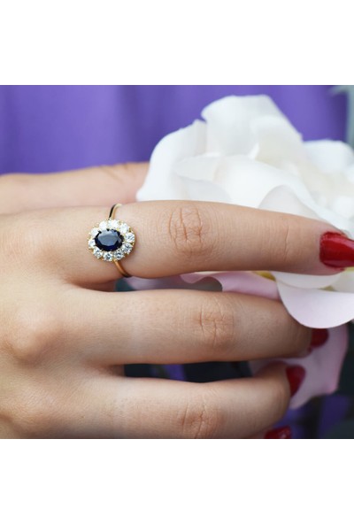Lilarote Oval Mavi Taşlı Altın Yüzük