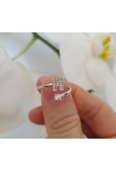 Magrib 925 Ayar Gümüş H Harfli ve Tek Taşlı Kadın Gümüş Yüzük
