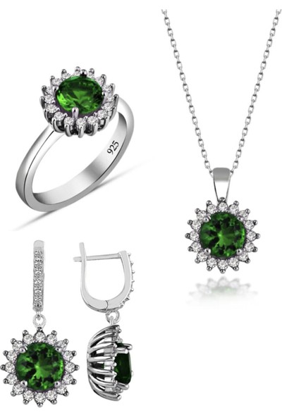 Molenga Zümrüt Yeşil Zirkon Kadın Gümüş Takı Set