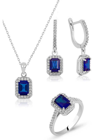 Molenga Baget Taşlı Üçlü Gümüş Set Takım Safir Renk