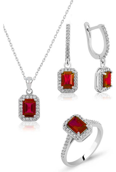 Molenga Baget Taşlı Üçlü Gümüş Set Takım Kırmızı Renk