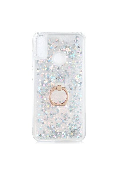 Huawei Y6 2019 Kılıf Yüzüklü Sıvılı Simli Silikon + Nano Ekran Koruyucu