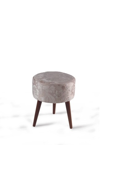 Furnia Fiora 102 Kadife Çiçekli Ahşap Ayaklı Krem Puf