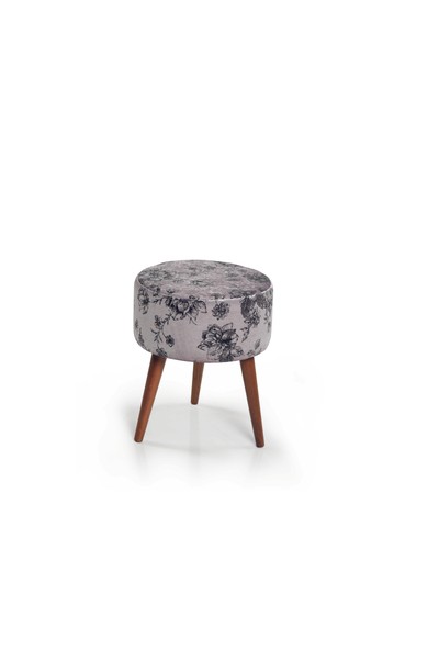 Furnia Fiora 107 Parlak Çiçekli Ahşap Ayaklı Gri Puf