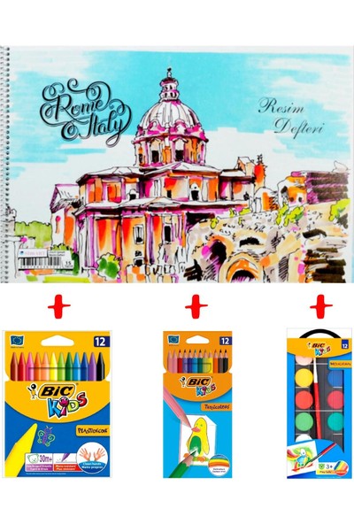 Bic Pastel Kuru Sulu 12 Renk Boya ve 25X35 Sriralli Resim Defteri Seti Bic Pastel Kuru Sulu 12 Renk Boya ve 25X35 Sriralli Resim Defteri Seti