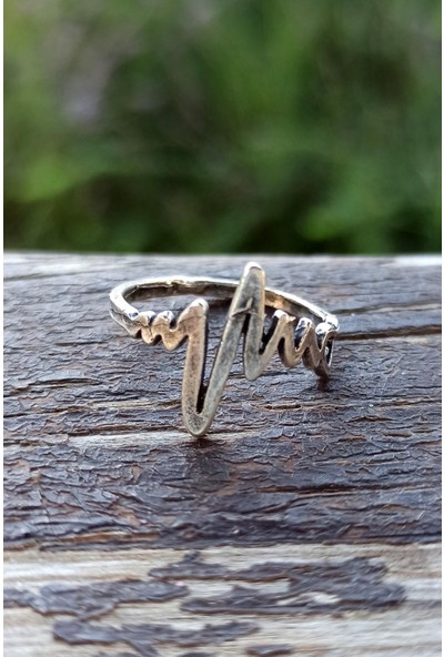 Fildişi Aksesuar Antik Gümüş Kaplama Kalp Atışı Çizgisi Şekilli El Yapımı Ayarlanabilir Unisex Yüzük