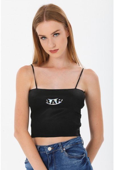 U&O Siyah Hologram Baskı Kare Yaka Askılı Krop