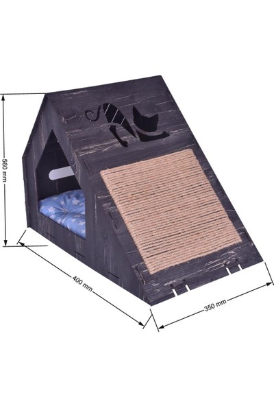 Ahşap Şehri 2in1 Tırmalama Duvarlı Ahşap Üçgen Dekoratif Kedi Evi