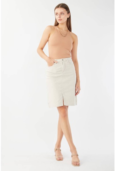 Blue White Kadın Taş Rengi Mini Yırtmaçlı Etek Blue White Kadın Taş Rengi Mini Yırtmaçlı Etek