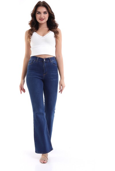 JIST Mavi Taş Yıkamalı Yüksek Bel Ispanyol Paça Kadın Jean 0328