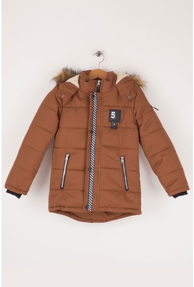 Mika Bebek 5 Armalı Kürklü Kapüşonlu Cepli Fermuarlı Erkek Çocuk Kahverengi Şişme Mont