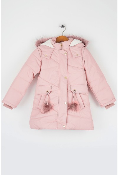 Mika Bebek Ponponlu Cepli Kürklü Kapüşonlu Kız Çocuk Pudra Şişme Mont