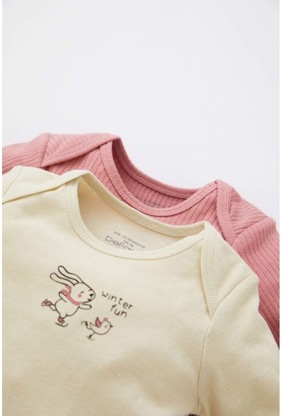 DeFacto Kız Bebek Zarf Yaka Uzun Kollu Ribana 2'li Sürdürülebilir Uzun Kollu Çıtçıtlı Body Y2319A222AU