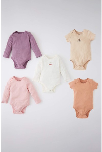 DeFacto Kız Bebek Zarf Yaka Uzun Kollu Ribana 5'li Sürdürülebilir Uzun Kollu Çıtçıtlı Body Y2322A222AU