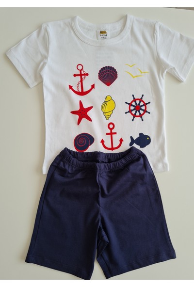 Bisiklet Yaka Kısa Kollu Denizci Baskılı Tişört ve Şortlu Erkek Takım Bisiklet Yaka Kısa Kollu Denizci Baskılı Tişört ve Şortlu Erkek Takım