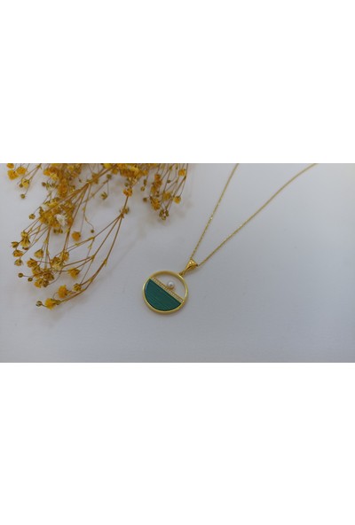 Nil Takı Tasarım Malahit Taşlı Madalyon Tipi Gümüş Kolye