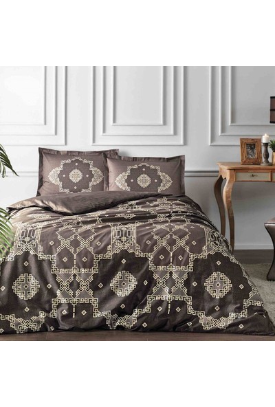 Taç Loren Saten Çift Kişilik Nevresim Takımı Kahve