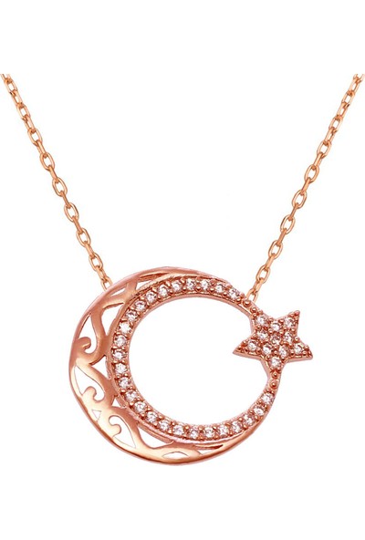 Modasilvers 925 Ayar Gümüş Zirkon Taşlı Ay Yıldız Kolye