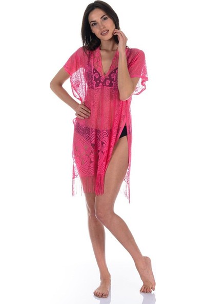 İstisna Yeni Sezon Kadın Fuşya Narin Yanı Yırtmaçlı Püsküllü Tül Transparan Hızlı Kuruyan Yaz Elbisesi Pareo