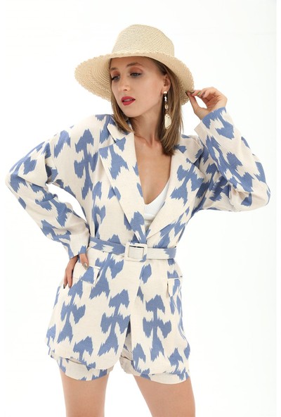 Vapur Kemerli Desenli Oversize Blazer Ceket - Mavi
