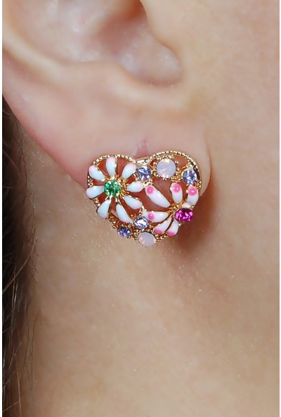 Zirkon Taşlı Çiçekli Kalp Küpe