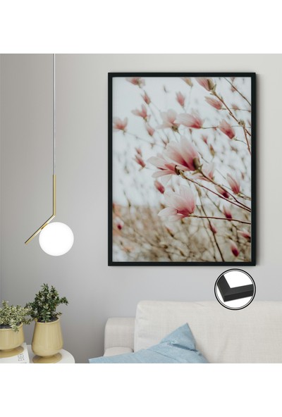 Pembe Çiçekler Temalı Siyah Çerçeve Tablo