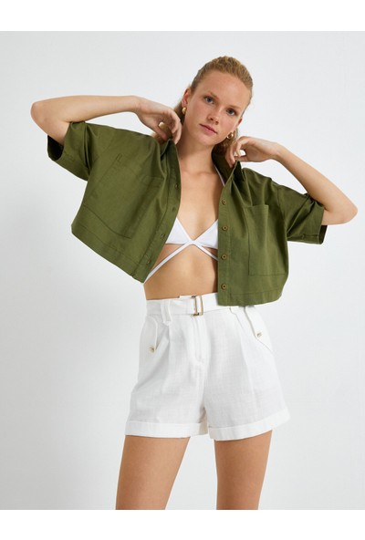 Koton Oversize Crop Keten Gömlek