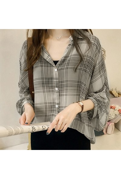 Qiqi Store Kadın Lady Uzun Kollu Ekose Desen Gömlek (Yurt Dışından)