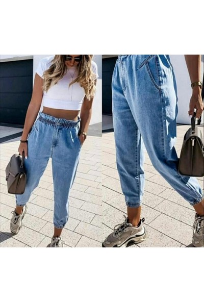 Bel ve Paça Lastikli Yüksek Bel Kot Pantolon (92CM) Bel ve Paça Lastikli Yüksek Bel Kot Pantolon (92CM)