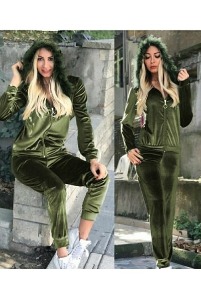 Kürk Detaylı Kadife Kumaş Takım (Haki) Kürk Detaylı Kadife Kumaş Takım (Haki)