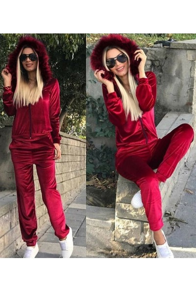 Kürk Detaylı Kadife Kumaş Takım (Bordo) Kürk Detaylı Kadife Kumaş Takım (Bordo)