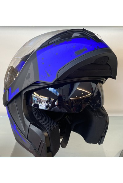 Xspeed Ece Belgeli Çene Açılır Kask Mat Mavi Desenli Yeni Sezon Xspeed Ece Belgeli Çene Açılır Kask Mat Mavi Desenli Yeni Sezon