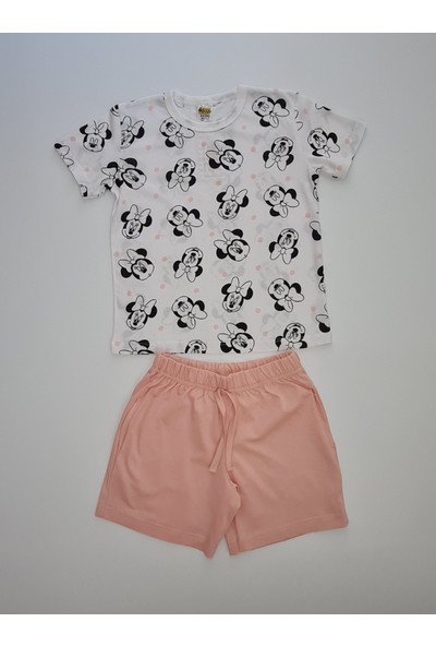 Bisiklet Yaka Kısa Kollu Minnie Desenli Cep Detaylı Tişört ve Şort Takım