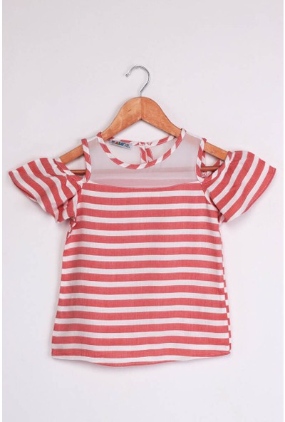 Alg Omzu Açık Çizgili Kız Çocuk Elbise | Kiremit