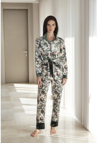 Ibıza 7618 Kadın Parlak Kadife Düğmeli Pijama Takımı