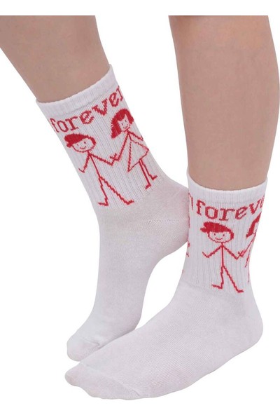 Sahab Yazı Baskılı Kadın Soket Çorap 4990 | Beyaz