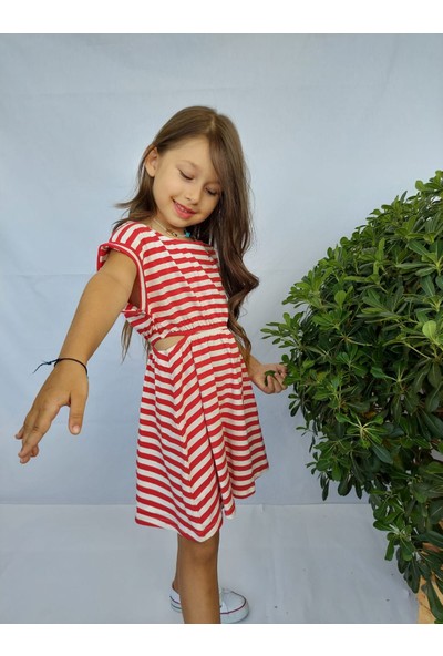 Qub Şeker Kız Çocuk Günlük Penye Kırmızı Çizgili Bayramlık Elbise