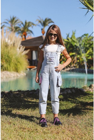 Escabel Kız Çocuk Taşlanmış Kot Salopet