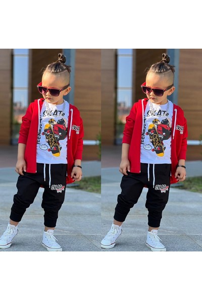 Byasafkids Skate Hırkalı 3 Lü Hırkalı Kırmızı Takım