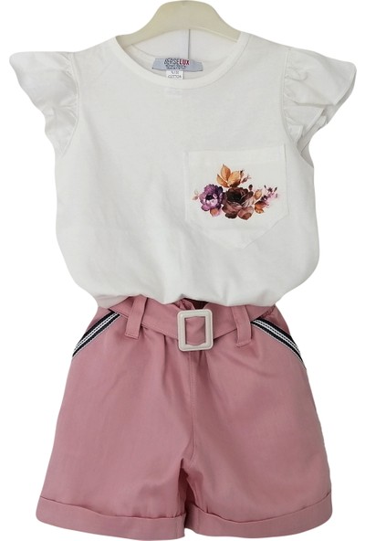 Berselüx Kız Çocuk Şort Tshirt Ikili Takım Pudra Pembe Şort Beyaz Kısa Kollu Çiçek Baskılı Tshirt Berselüx Kız Çocuk Şort Tshirt Ikili Takım Pudra Pembe Şort Beyaz Kısa Kollu Çiçek Baskılı Tshirt