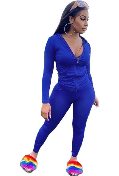 Nafen Kadın 2 Parça Uzun Kollu Kapşonlu Fermuarlı Cep Spor Tayt Takımı - Mavi (Yurt Dışından)