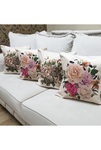 Körfez Kırlent Çiçekli Desen Kırlent Kılıfı 4'lü Kombin Set
