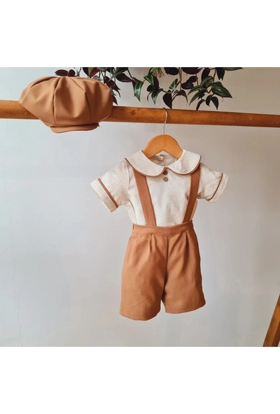 Mehakids Karamel Şort Salopet-Gömlek-Kasket Takım