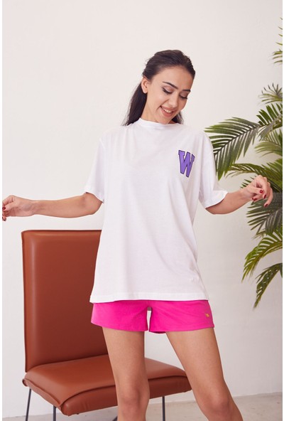 Lime Moda W Baskılı T-Shirt-Beyaz Lime Moda W Baskılı T-Shirt-Beyaz