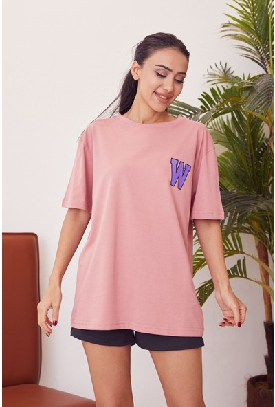Lime Moda W Baskılı T-Shirt-Gül Kurusu Lime Moda W Baskılı T-Shirt-Gül Kurusu